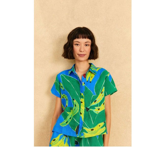 FARM Rio | Tops | Farm Rio Anthropologie Blue Banana Leaves Shirt ...
